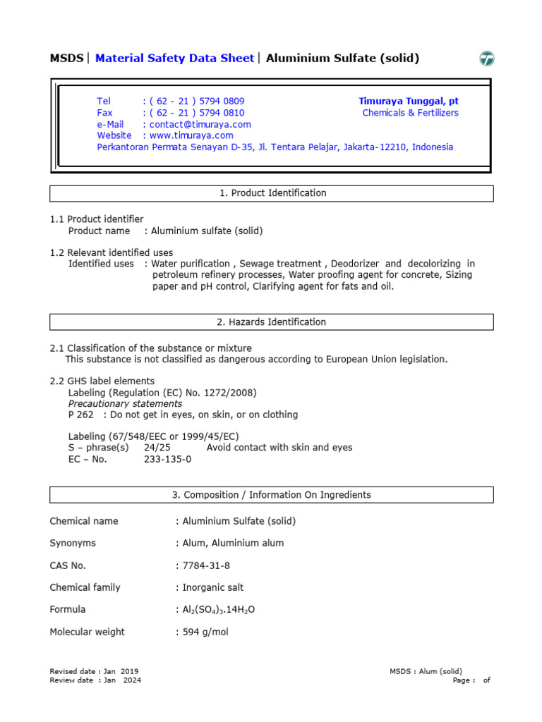 2 MSDS Aluminium Sulfat Powder | PDF | Personal Protective Equipment ...
