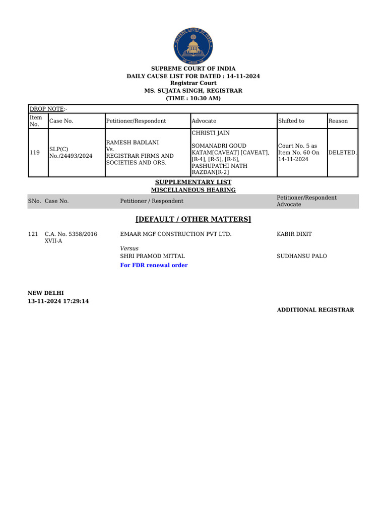 Supreme Court of India Daily Cause List For Dated: 14-11-2024 Registrar ...