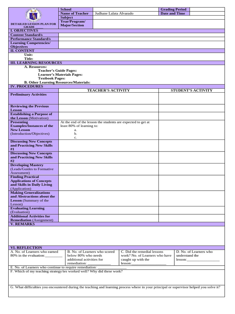 DETAILED LESSON PLAN English | PDF | Lesson Plan | Learning