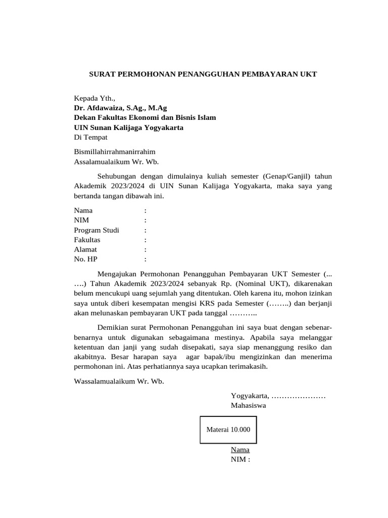 Surat Permohonan Penangguhan Pembayaran Ukt | PDF