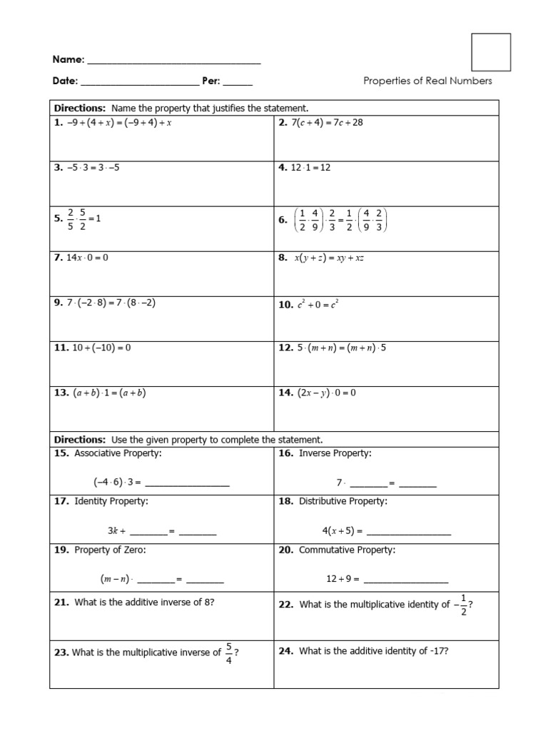 Properties of Real Numbers Homework | PDF
