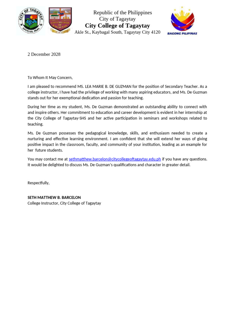 Recommendation for Ms. Lea Marie De Guzman | PDF