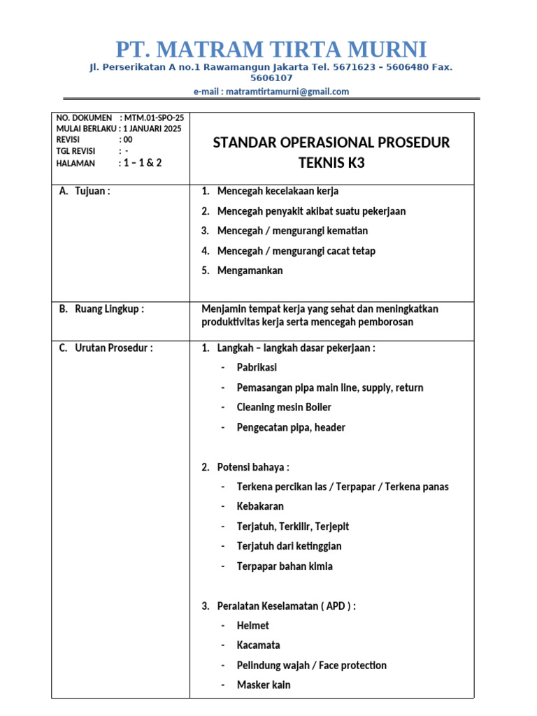 SOP TEKNIS K3 (Format Beda) (Kop) Lengkap | PDF