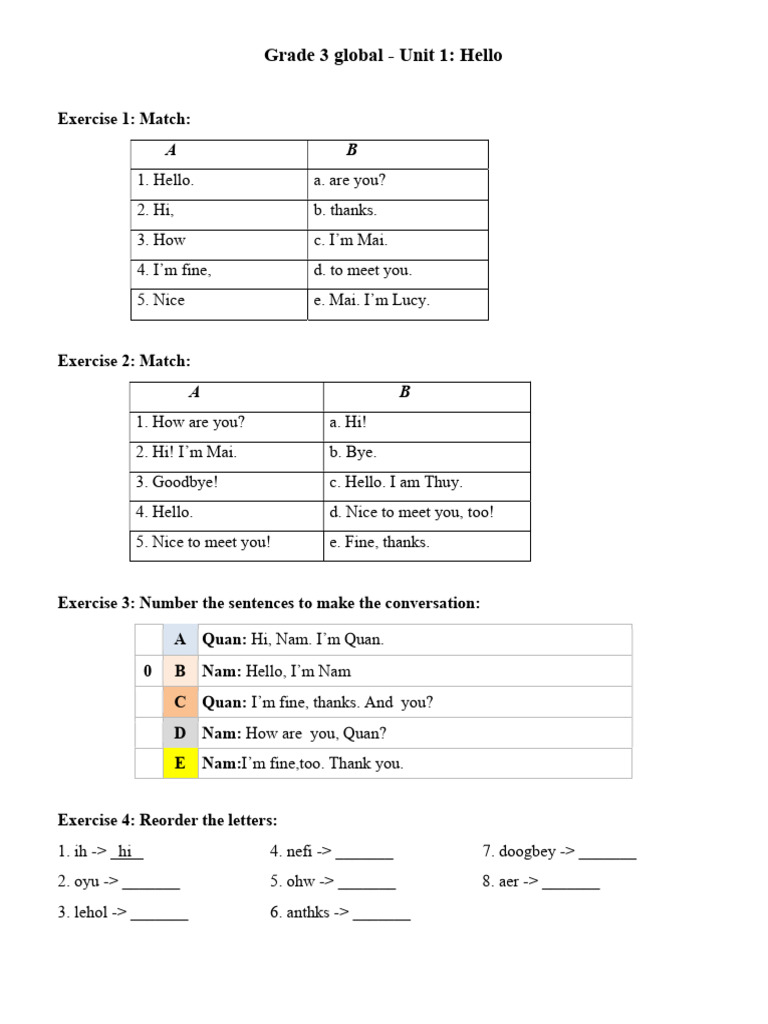 Grade 3 Unit 1: Greetings Exercises | PDF