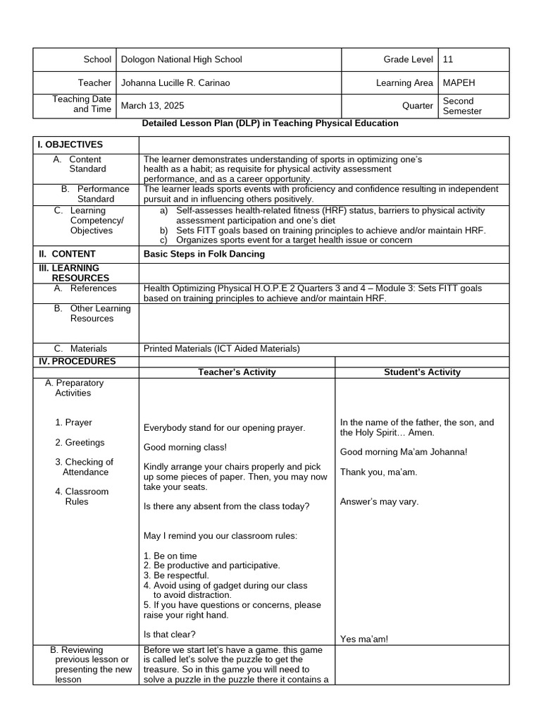 Detailed Lesson Plan for Arnis in PE | PDF | Lesson Plan | Teachers