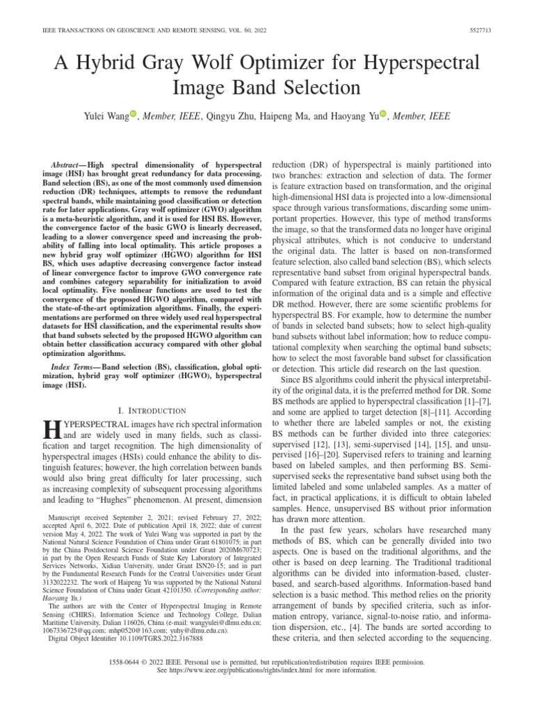 A Hybrid Gray Wolf Optimizer For Hyperspectral Image Band Selection | PDF | Mathematical ...