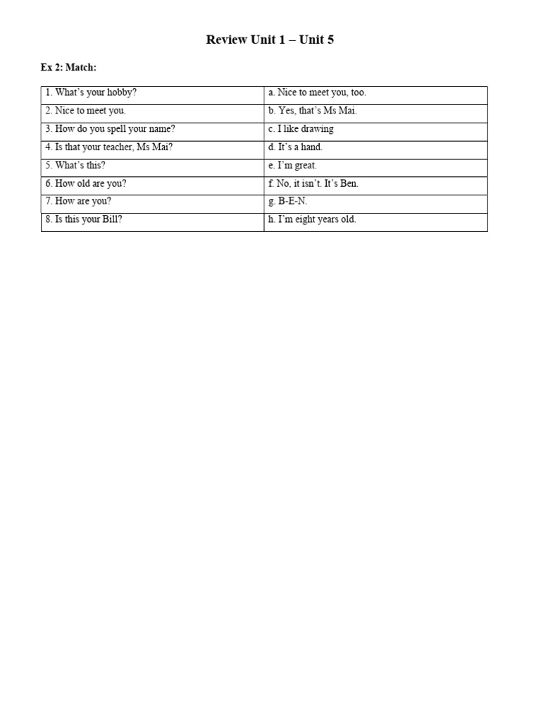 Grade 3 Global - Review U1-U5 Ex 2 | PDF