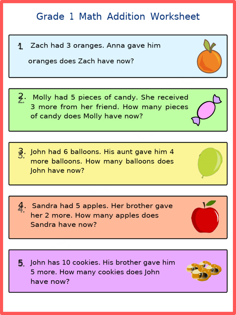 Word Problems Grade 1 Math Addition Worksheet 1 | PDF
