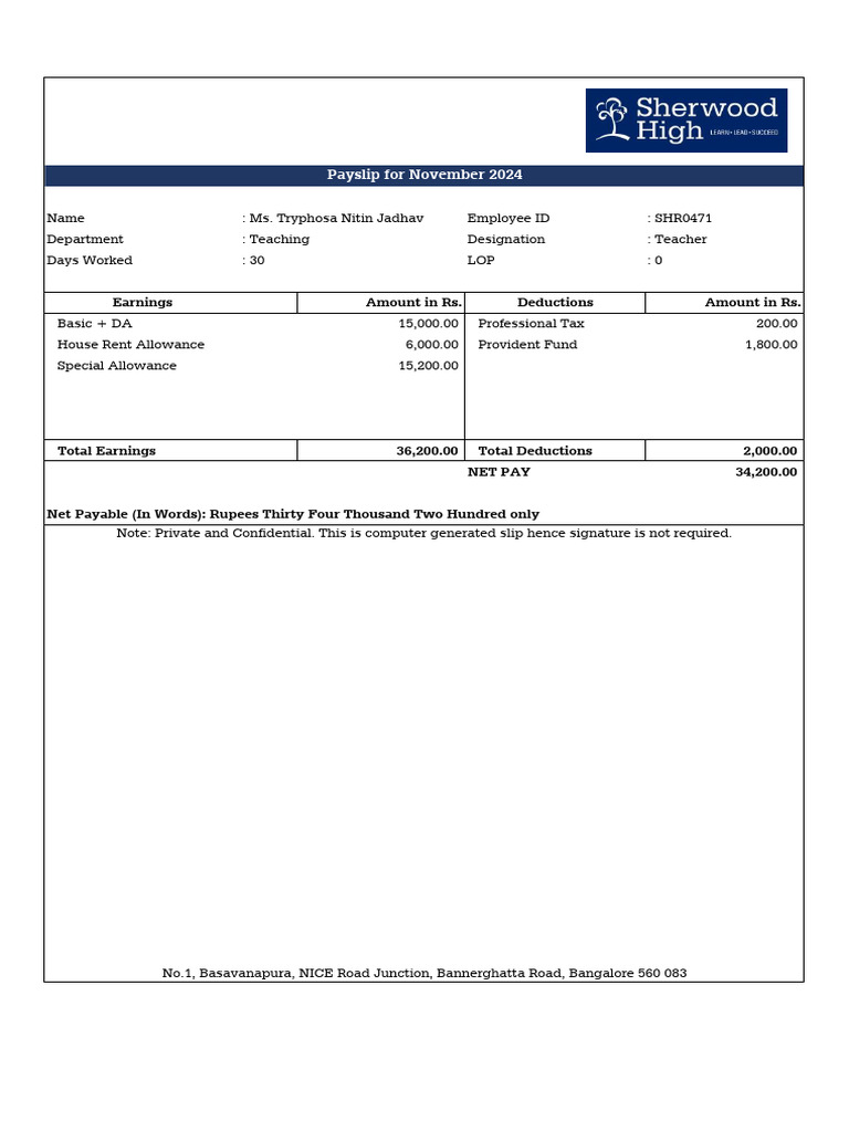 November 2024 Payslip for Ms. Jadhav | PDF