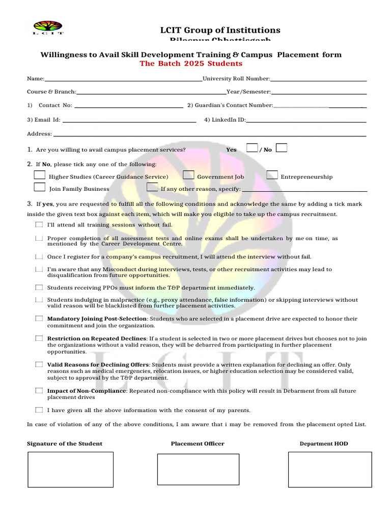Placement & Training Willingness Form 2026 Batch | PDF | Recruitment