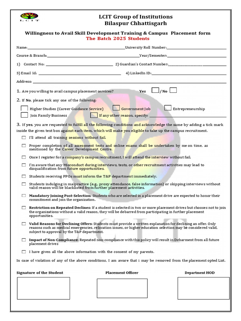 Placement & Training Willingness Form 2026 Batch | PDF | Recruitment