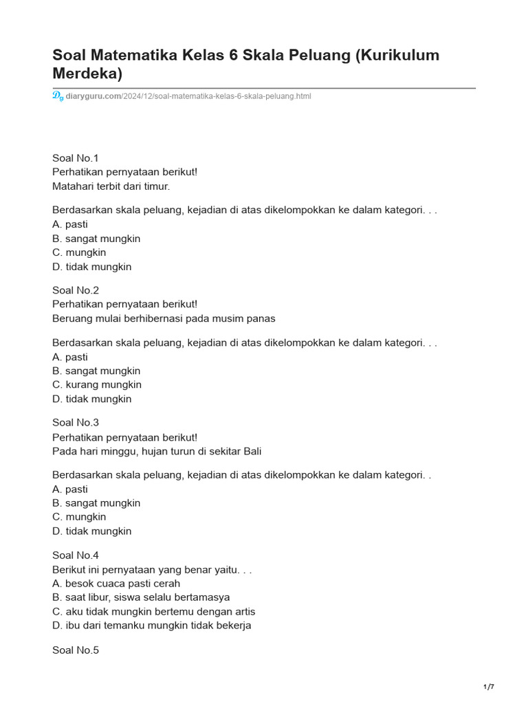 Soal Matematika Kelas 6: Skala Peluang | PDF