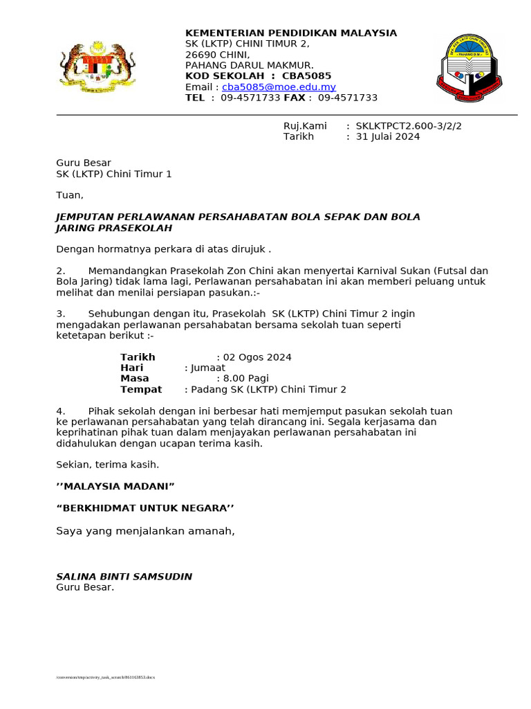 Surat Friendly Sukan Prasekolah | PDF