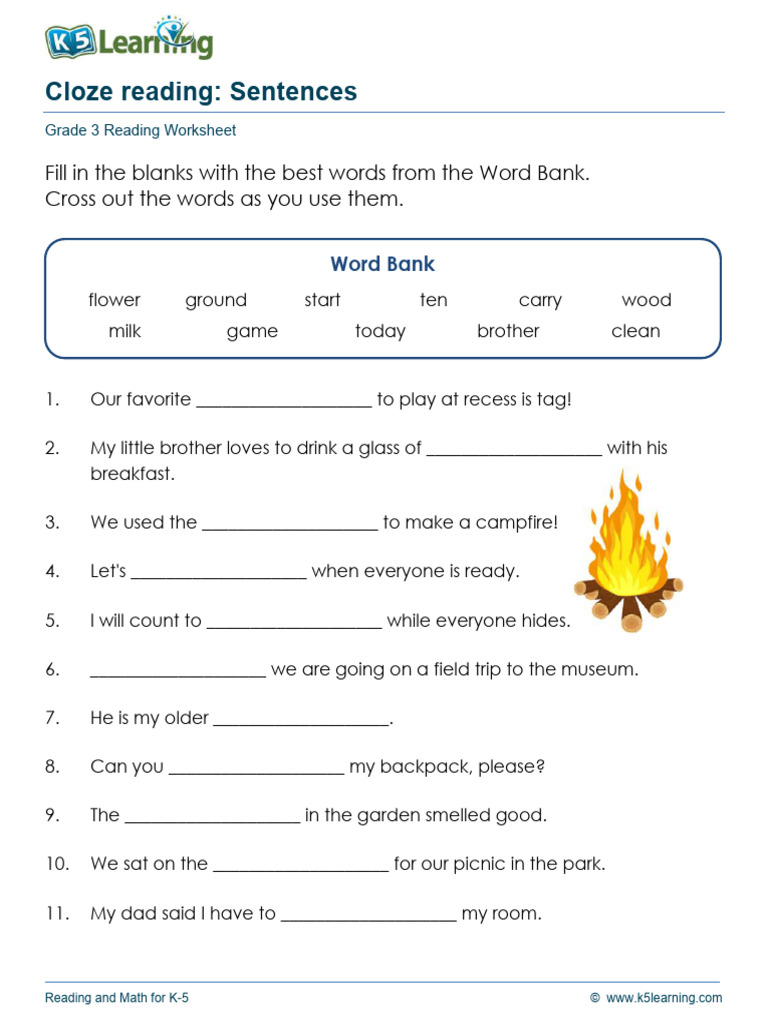 Grade 3 Cloze Reading Worksheet | PDF