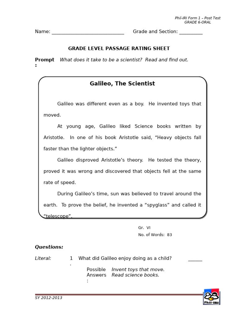Grade-6 GALILEO Posttest-1 | PDF | Galileo Galilei | Telescope