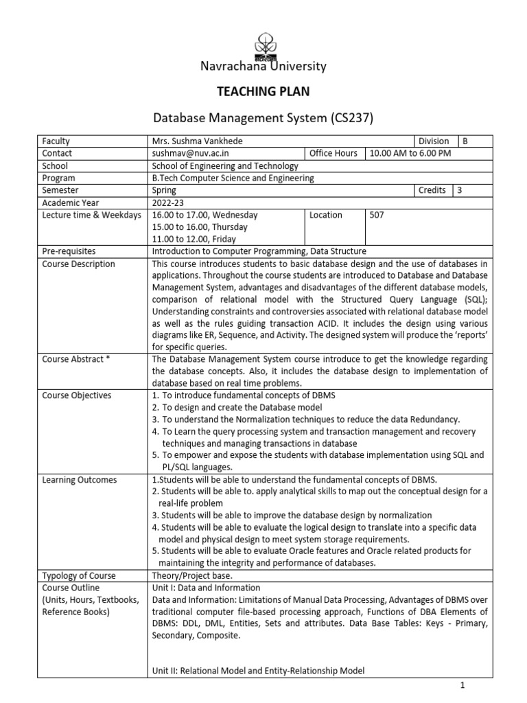 CS237 Database Management System Plan | PDF | Databases | Relational Model