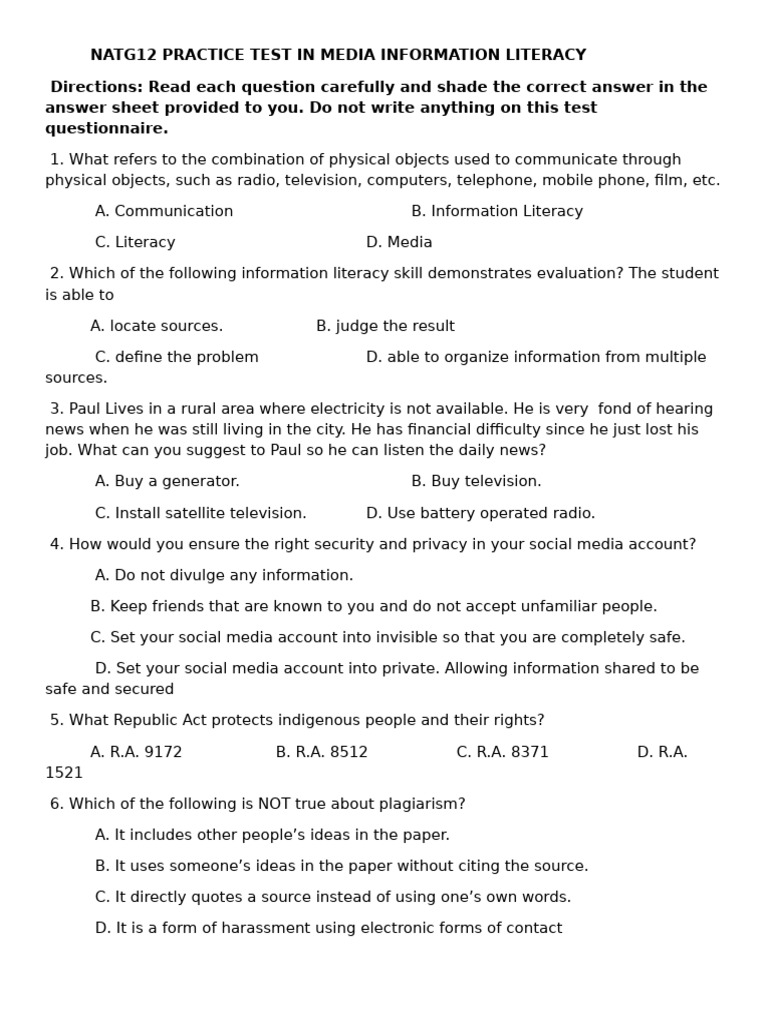 Natg12 Practice Test in Media Information Literacy | PDF | Truth | Theory