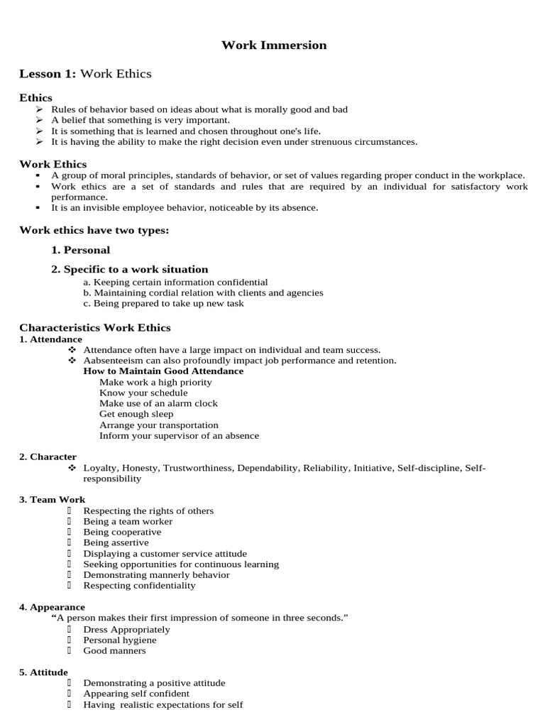Lesson 1 Work Immersion 2 Session | PDF | Employee Retention | Social ...