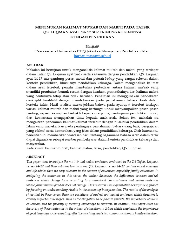 Kalimat mu’rab & mabni pada tafsir QS Luqman 14- 17 serta mengaitkannya dengan pendidikan | PDF