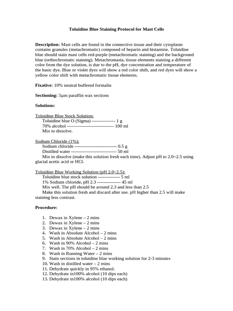 Toluidine Blue Staining Protocol For Mast Cells | PDF