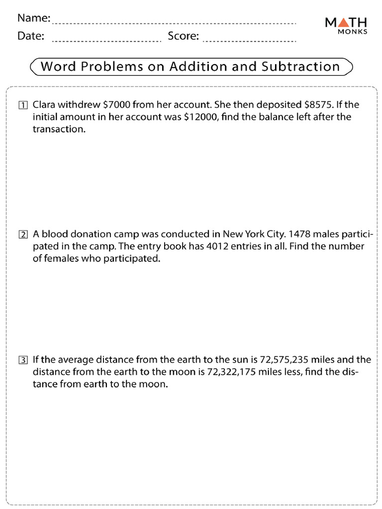 Addition and Subtraction Word Problems Worksheets 6th Grade | PDF