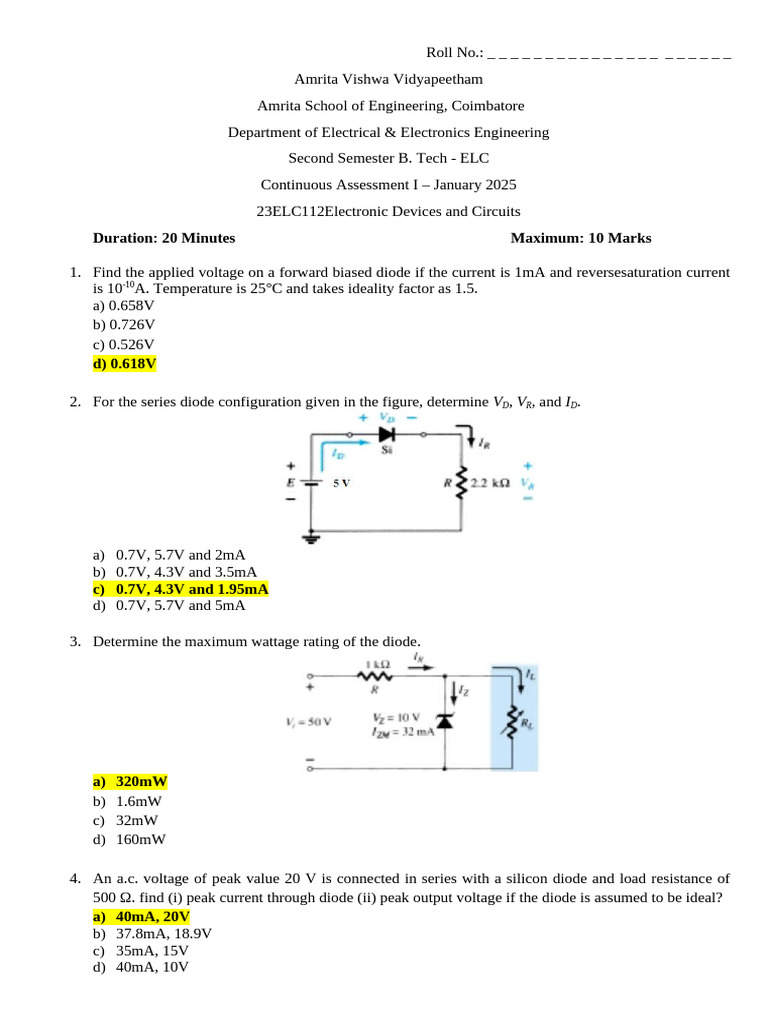Quiz 1 Assessment 23ELC112-Answer Key | PDF | Rectifier | Diode