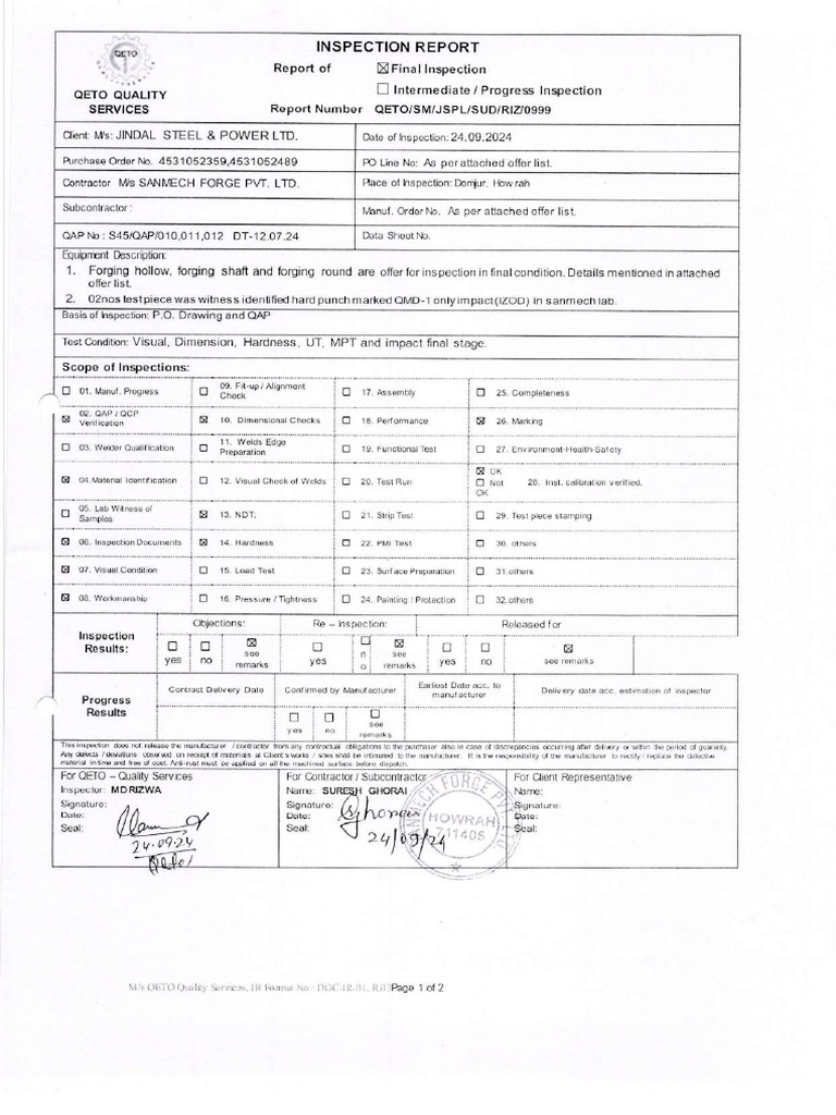 Jindal Sample Inspection Report_compressed | PDF