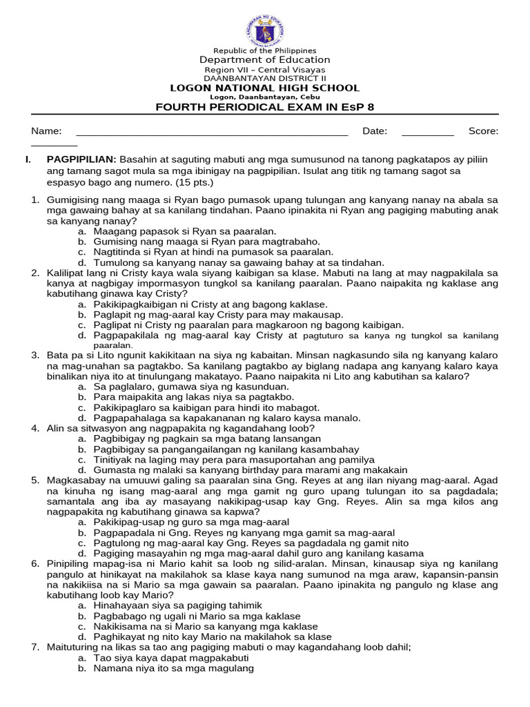 4th Periodical Exam EsP 8 | PDF