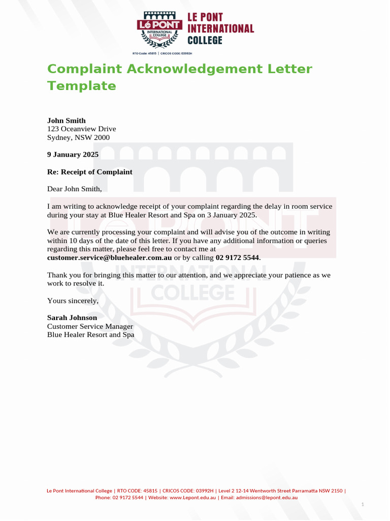 SITXCCS015 Complaint Acknowledgement Letter Template | PDF