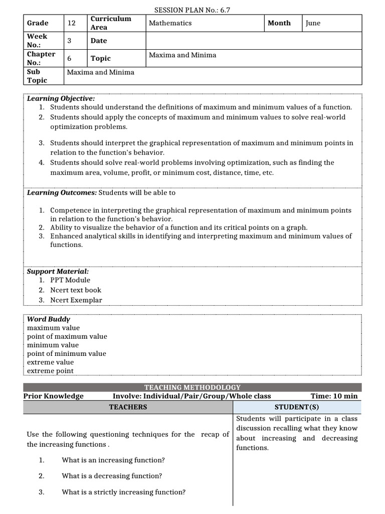 Session Plan 6. 7 Maxima and Minima | PDF | Function (Mathematics) | Mathematical Analysis