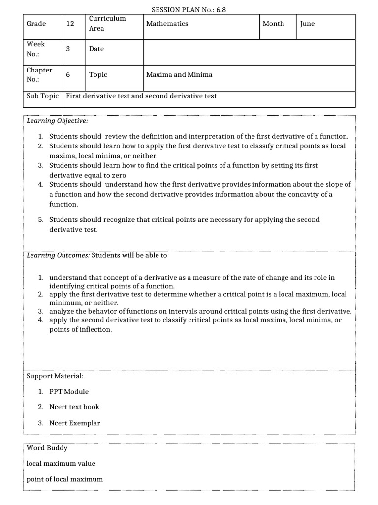 Session Plan 6. 8 First Derivative Test and Second Test | PDF ...