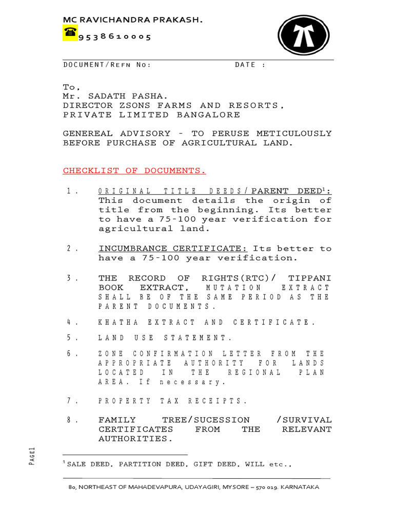 Checklist of Documents For Purchase of Agricultural Land 1 | PDF