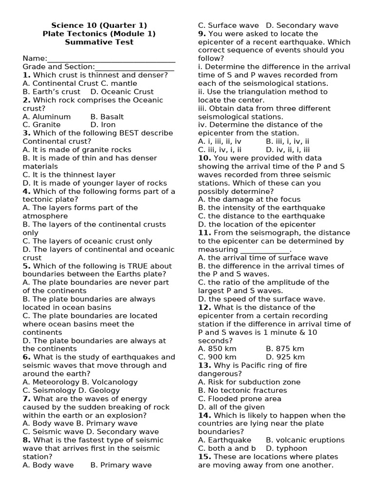 SUMMATIVE TEST G10 1st Quarter | PDF | Plate Tectonics | Geophysics