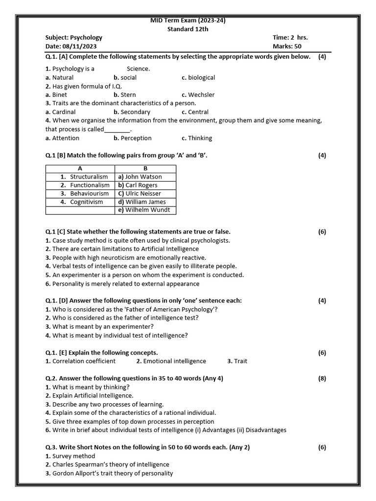 Psychology Midterm Exam Overview | PDF | Psychology | Intelligence