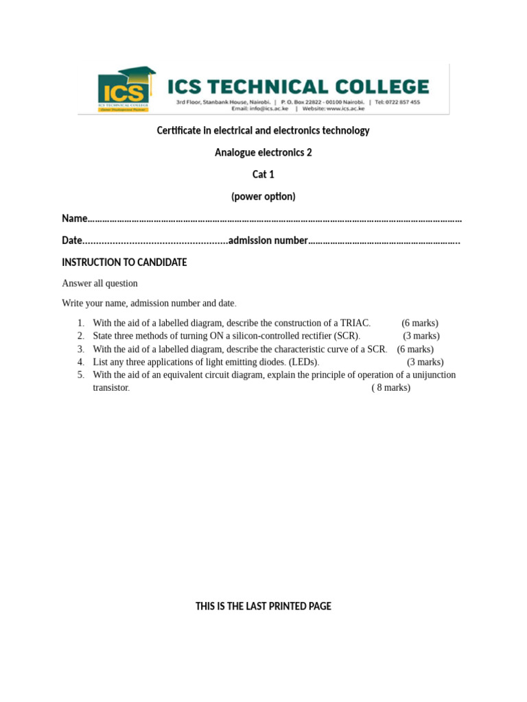 Analogue Electronics 2 Exam Guide | PDF