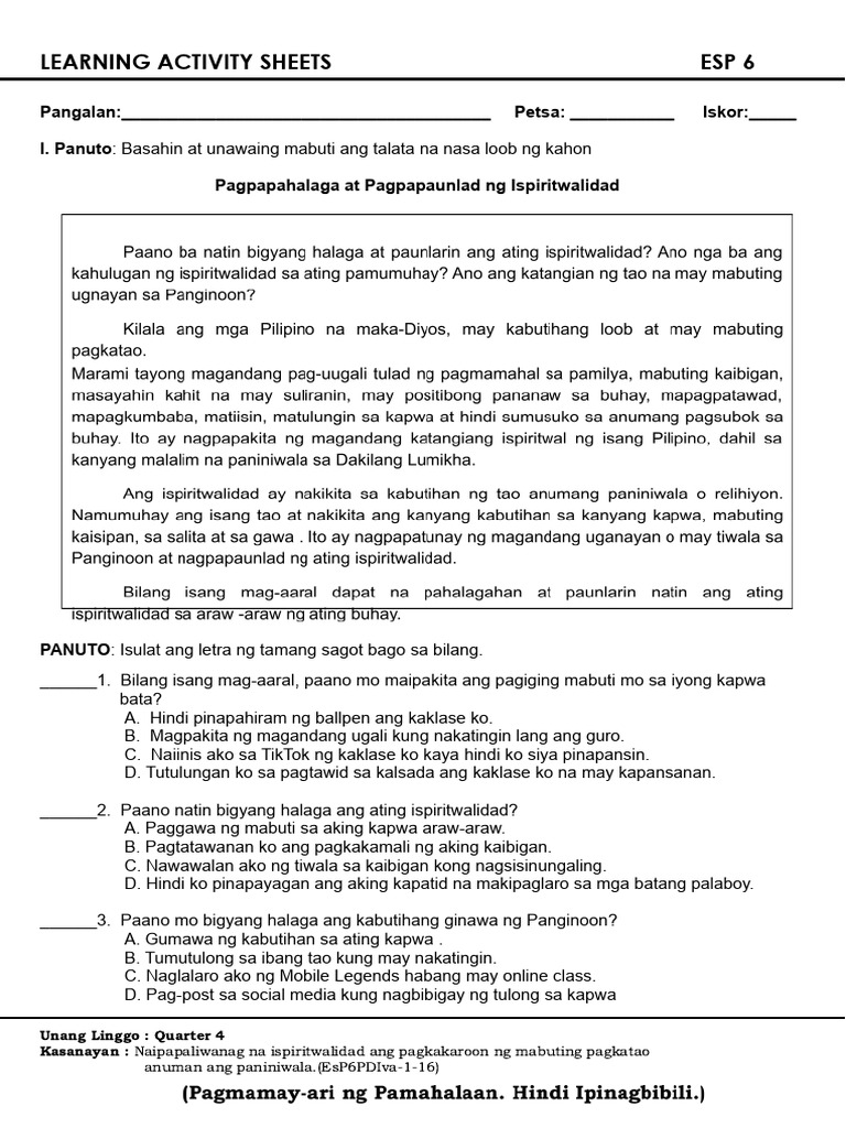 EsP 6 Week 1 4th Quarter | PDF