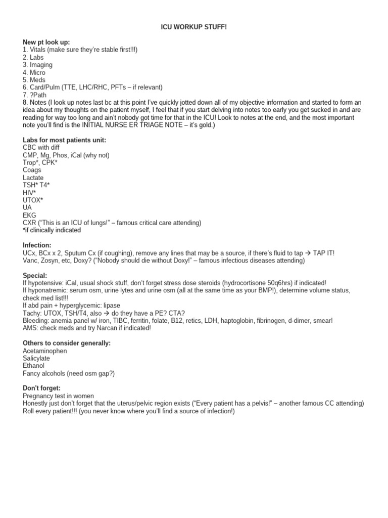 ICU Admit Workup Basics | PDF