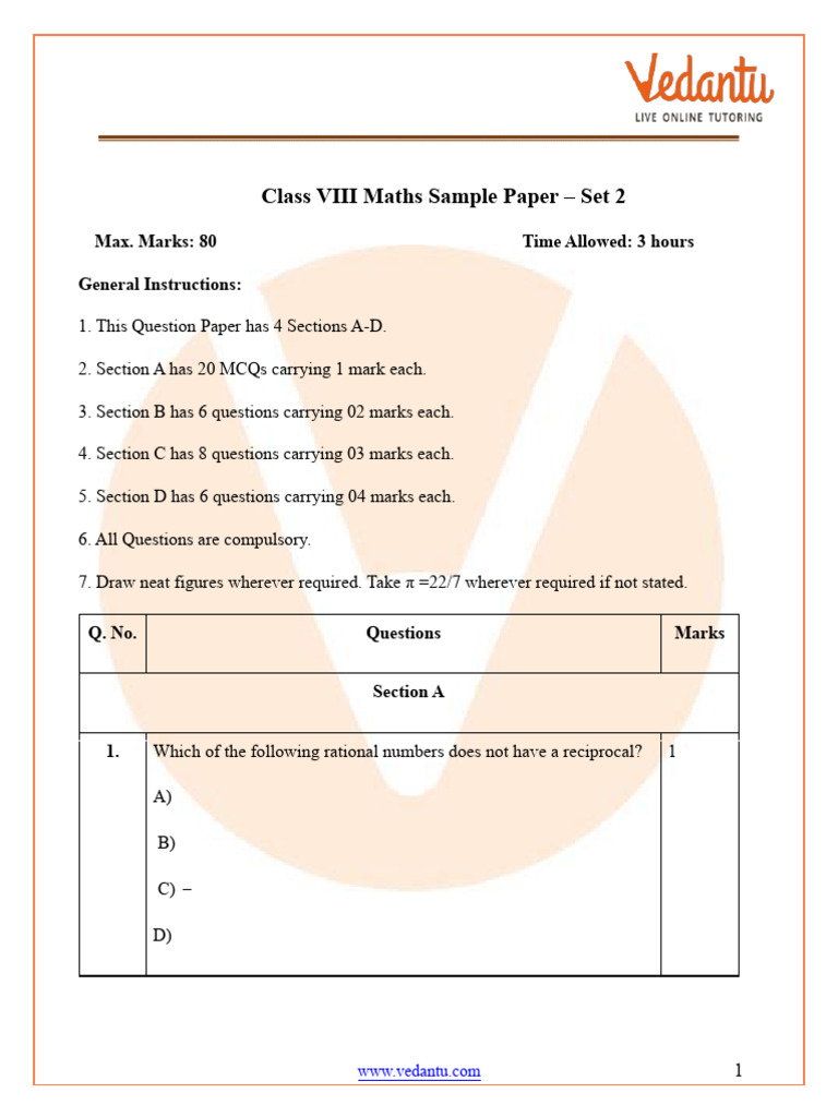 CBSE Class 8 Maths Sample Paper Set 2 - Latest 2024-25 Edition | PDF ...