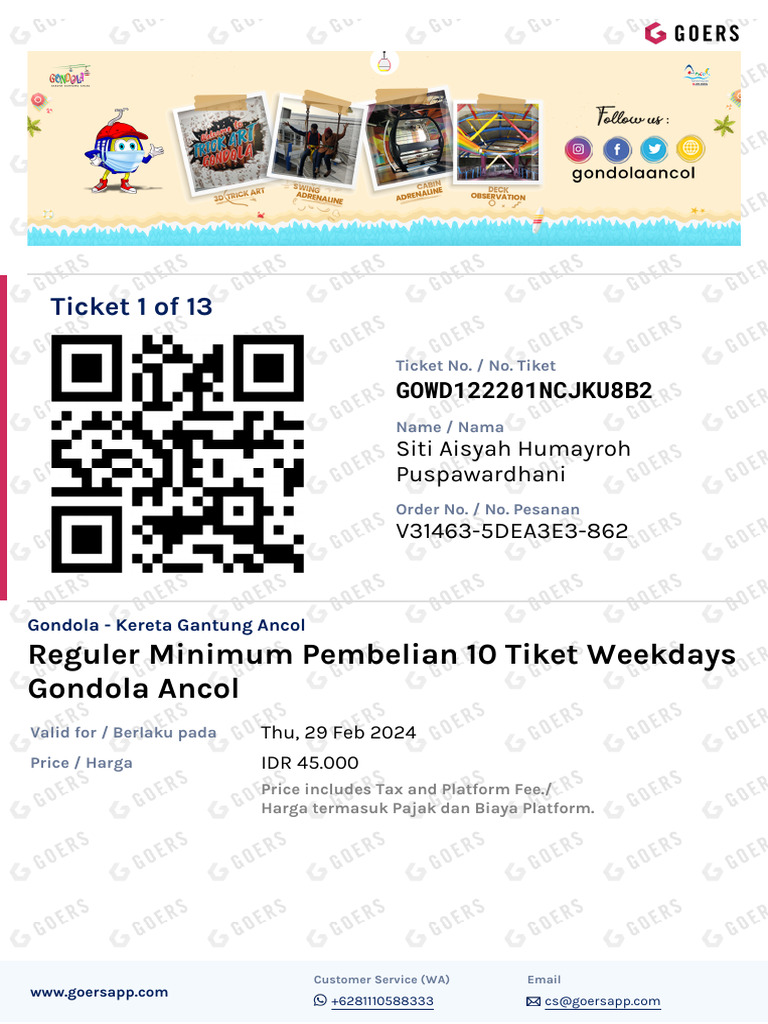 [Venue Ticket] Reguler Minimum Pembelian 10 Tiket Weekdays Gondola Ancol - Gondola - Kereta ...