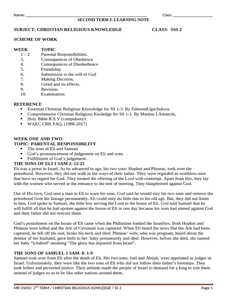 2ND Term S2 Christian Religious Knowledge | PDF | Saul | David