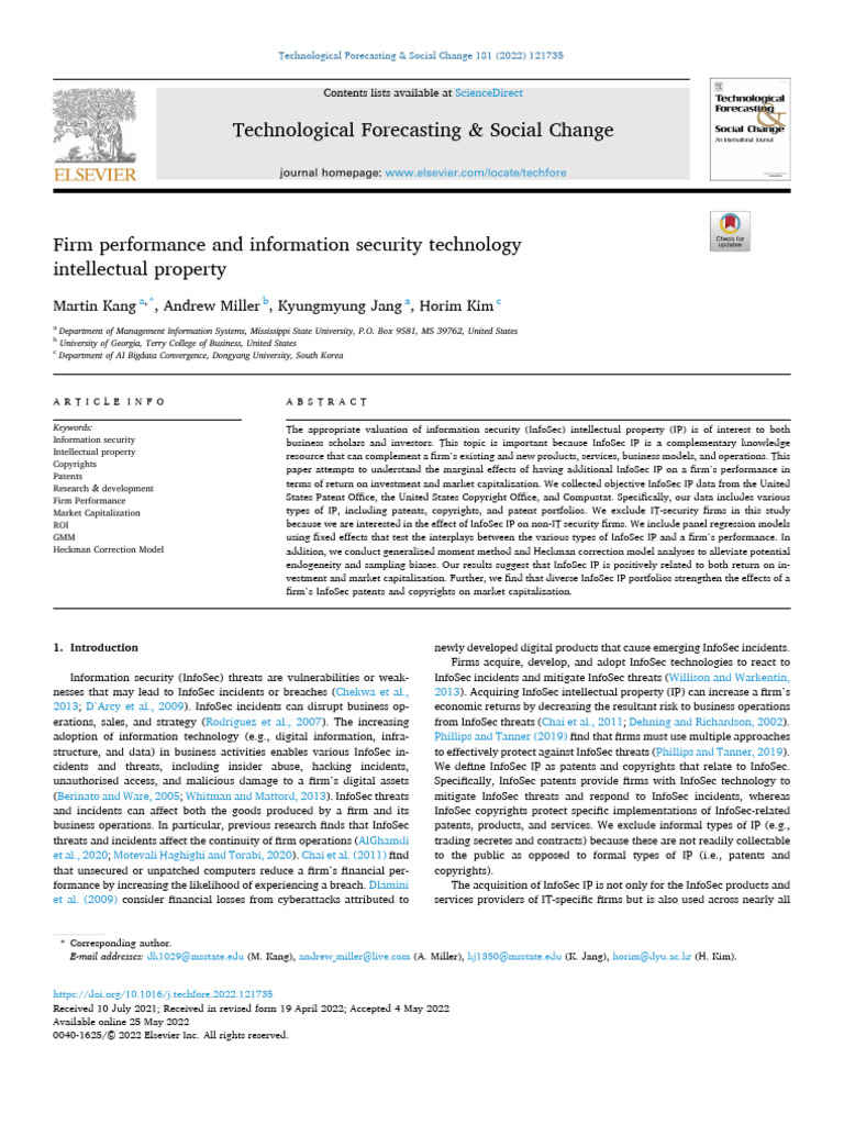Technological Forecasting Social Change: Martin Kang, Andrew Miller, Kyungmyung Jang, Horim Kim ...