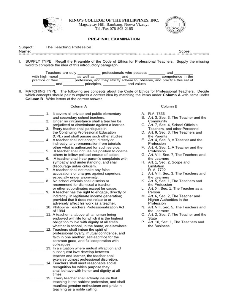2022 PRE-FINAL EXAM Teaching Profession | PDF | Cost Of Living | Teachers
