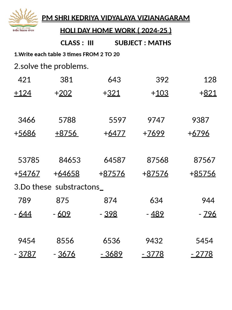Class 3 Maths Holiday Homework | PDF