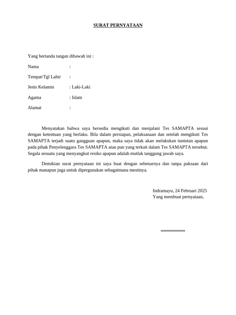 SURAT PERNYATAAN Tes SAMAPTA | PDF