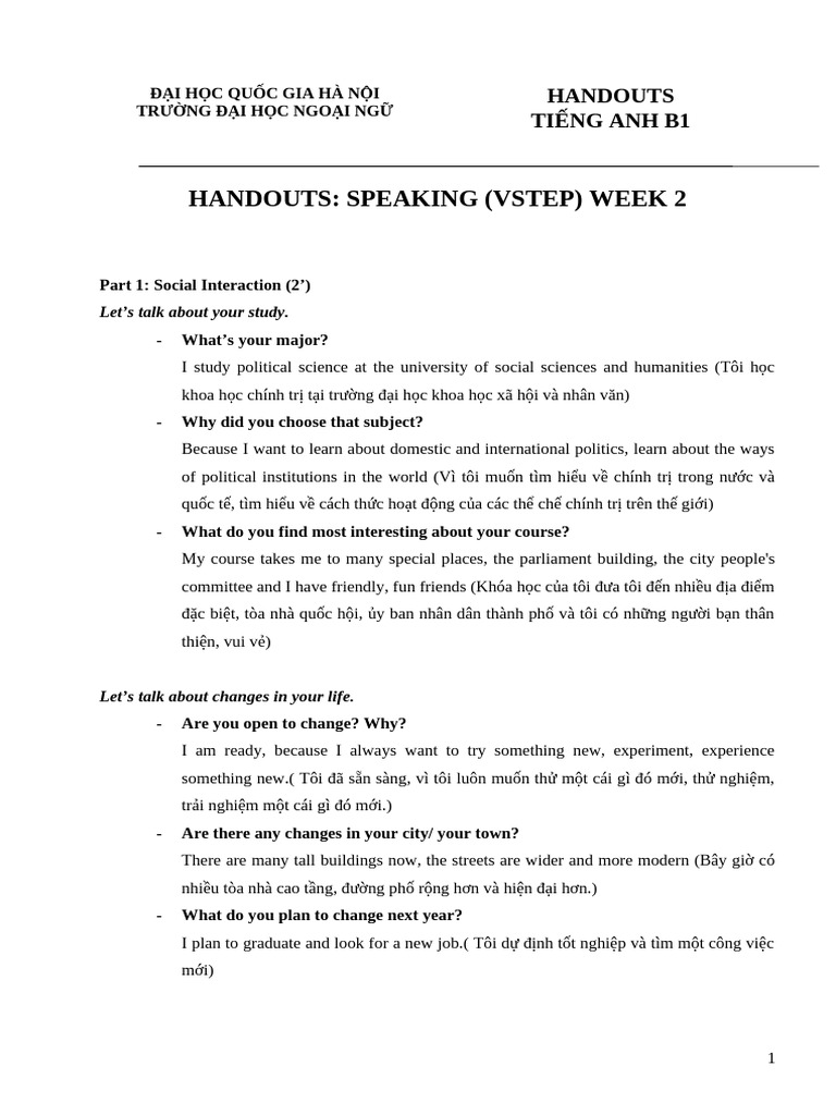 B1 - Handout 2 - Speaking | PDF | Vietnam