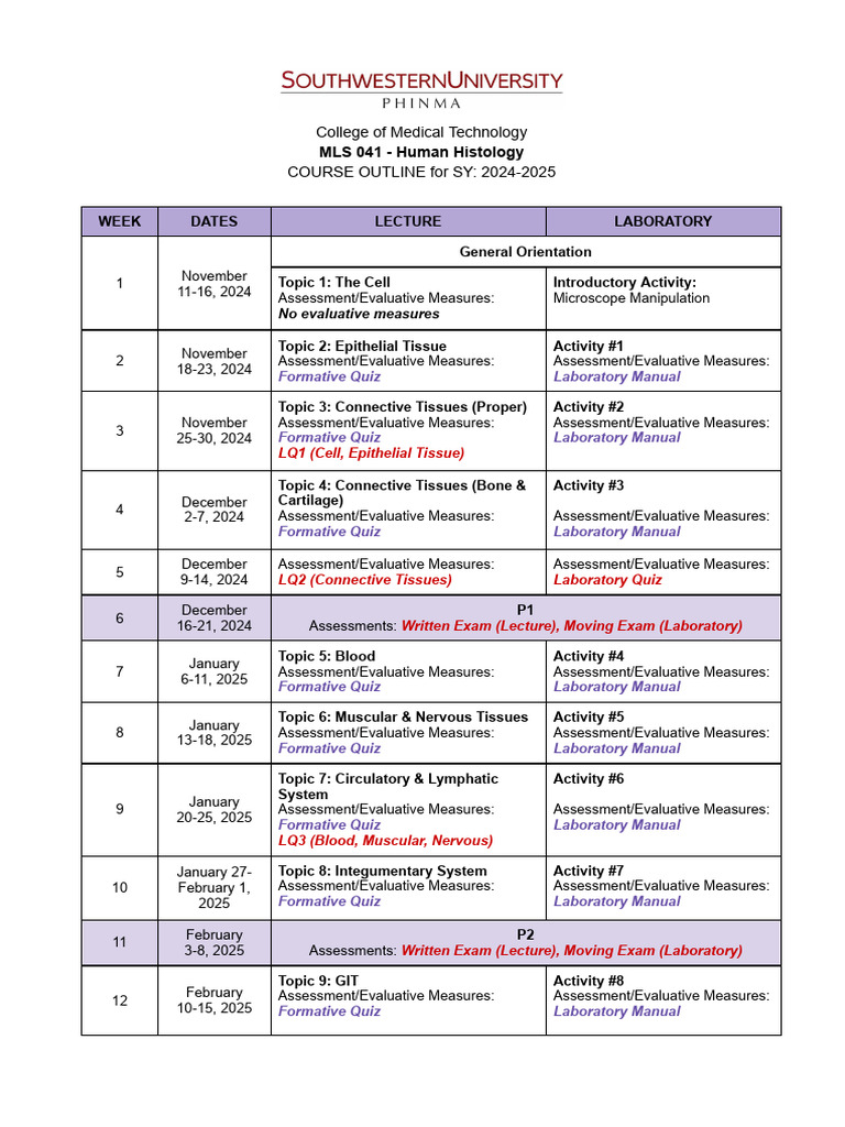 MLS 041 Human Histology Course Outline 2024-2025 | PDF | Tissue ...