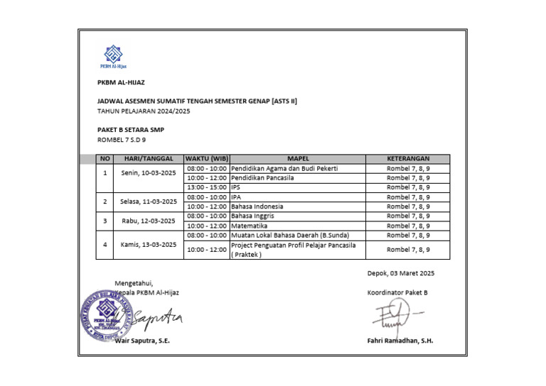 Jadwal - ASTS II - PAKET B - 2025 | PDF