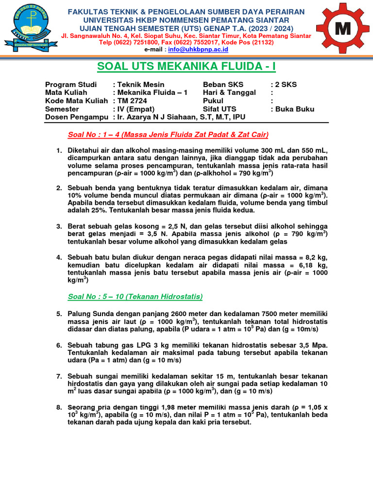 Soal UTS Mekanika Fluida - 1 (Resize) | PDF