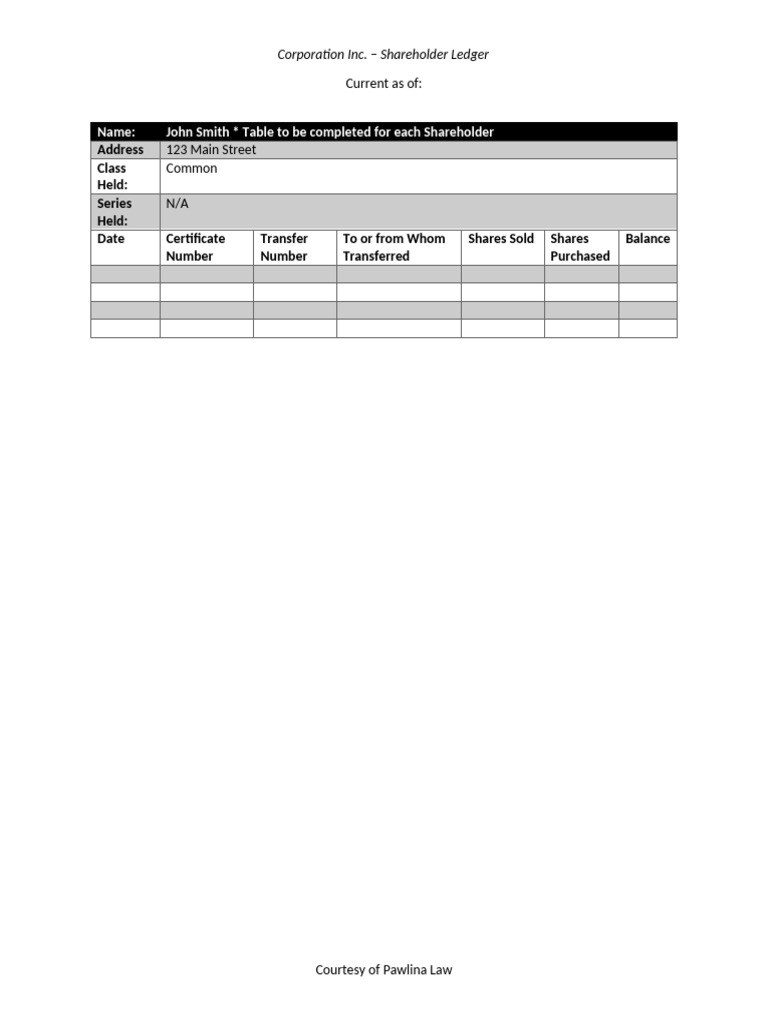 Shareholder Ledger Template Example | PDF