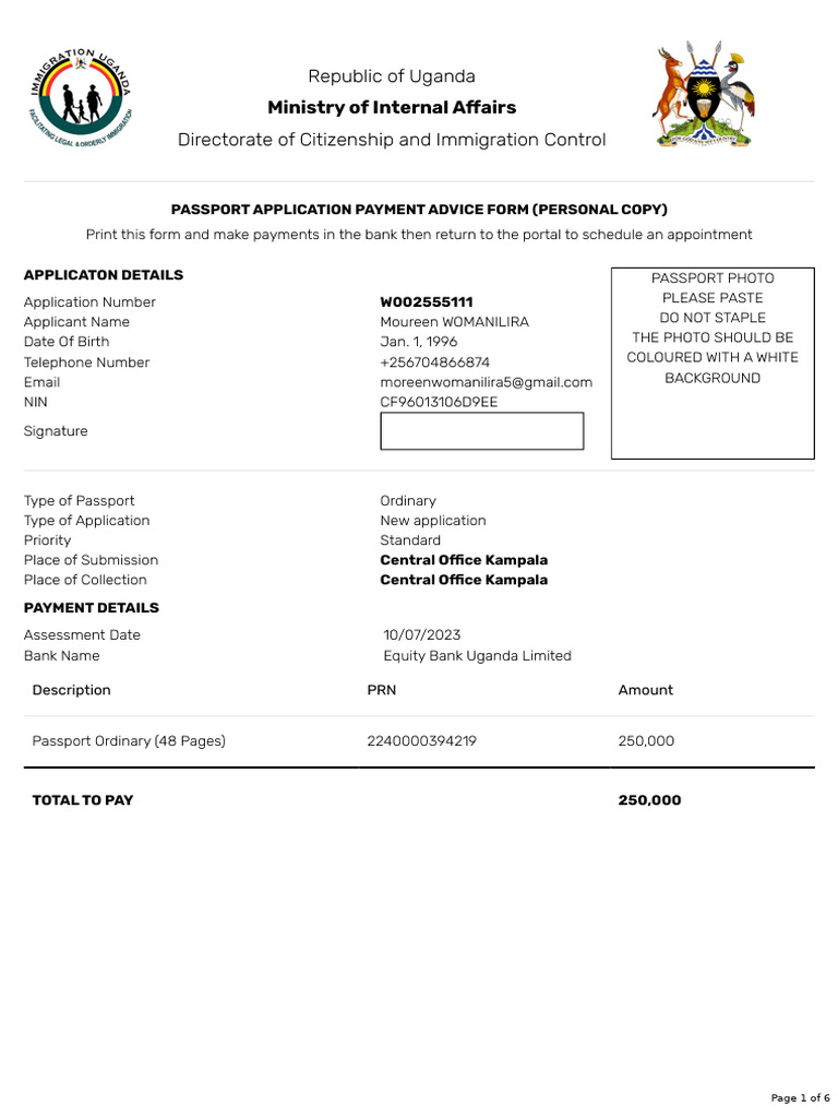 Uganda Passport Application Payment Form | PDF | Payments | Banks
